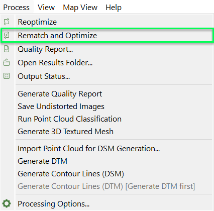 Menu Process > Rematch and Optimize - PIX4Dmapper
