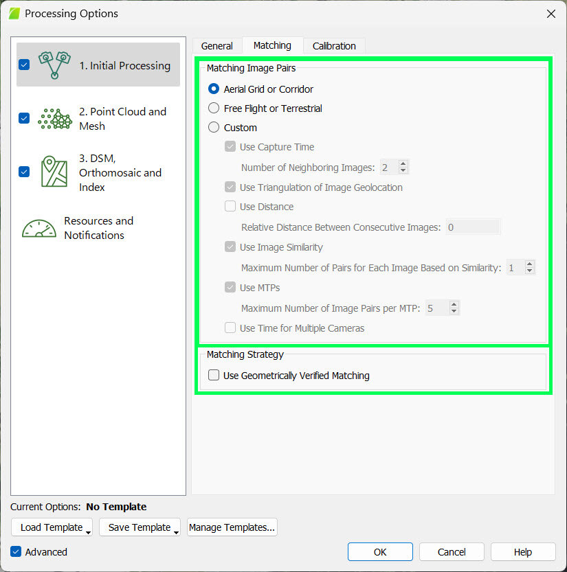 Menu Process > Processing Options... > 1. Initial Processing > Matching ...