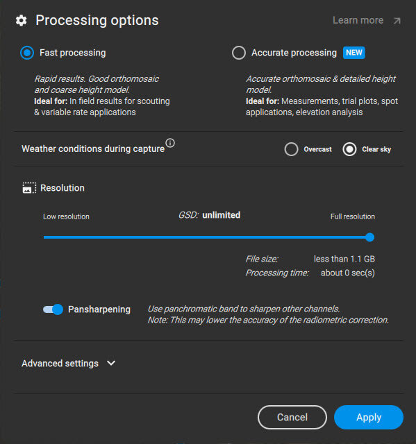 Processing options - PIX4Dfields