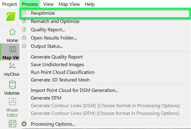 Menu Process > Reoptimize - PIX4Dmapper