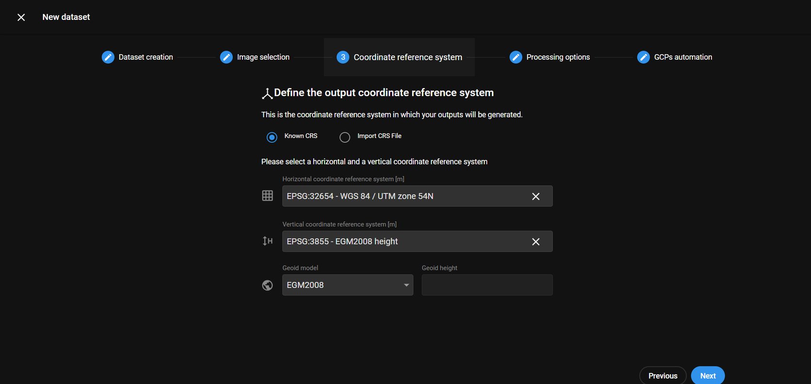 New dataset > Processing options > Output coordinate system - PIX4Dcloud