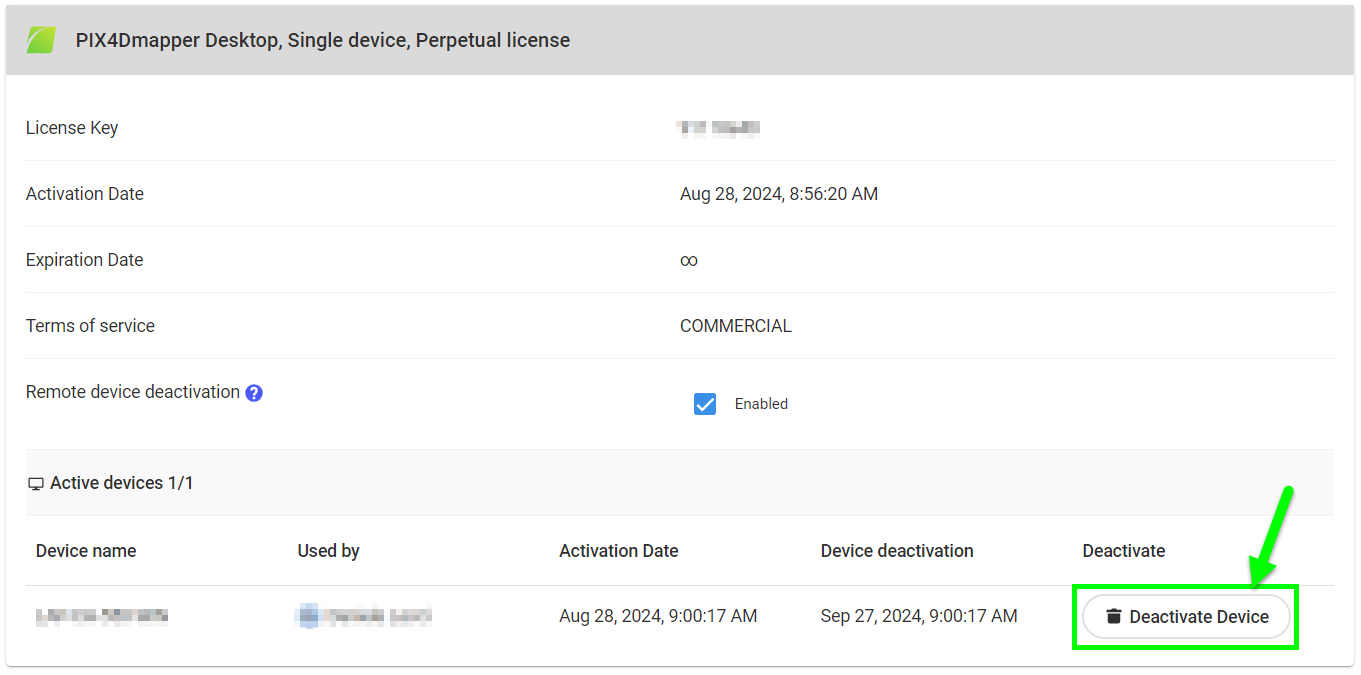 Remote device deactivation - PIX4Dmapper